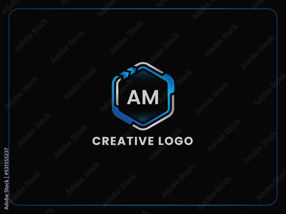 AM hexagon logo design on black background. AM logo letter design. AM ...
