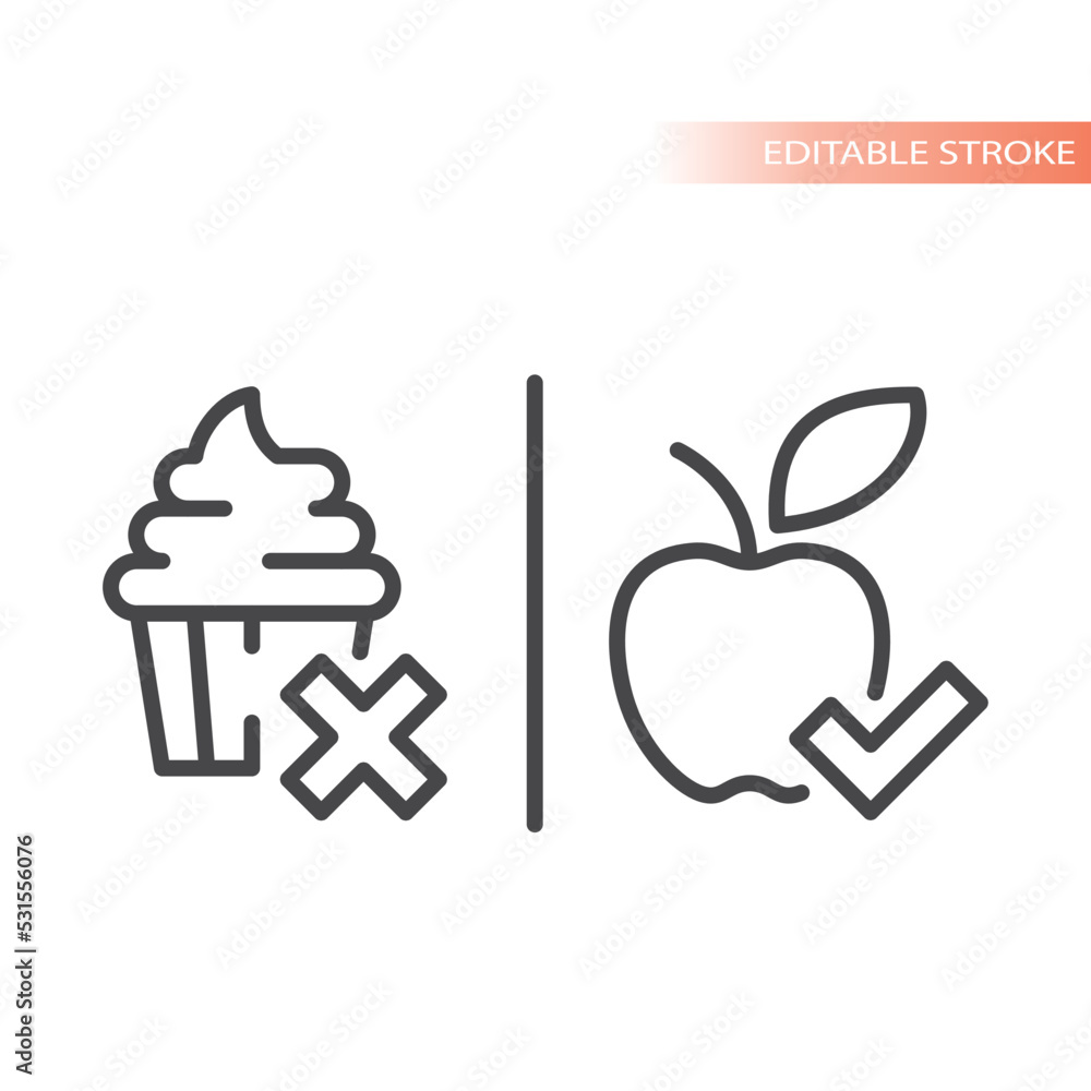 Crossed cupcake and apple checkmark line vector icon. Healthy ...