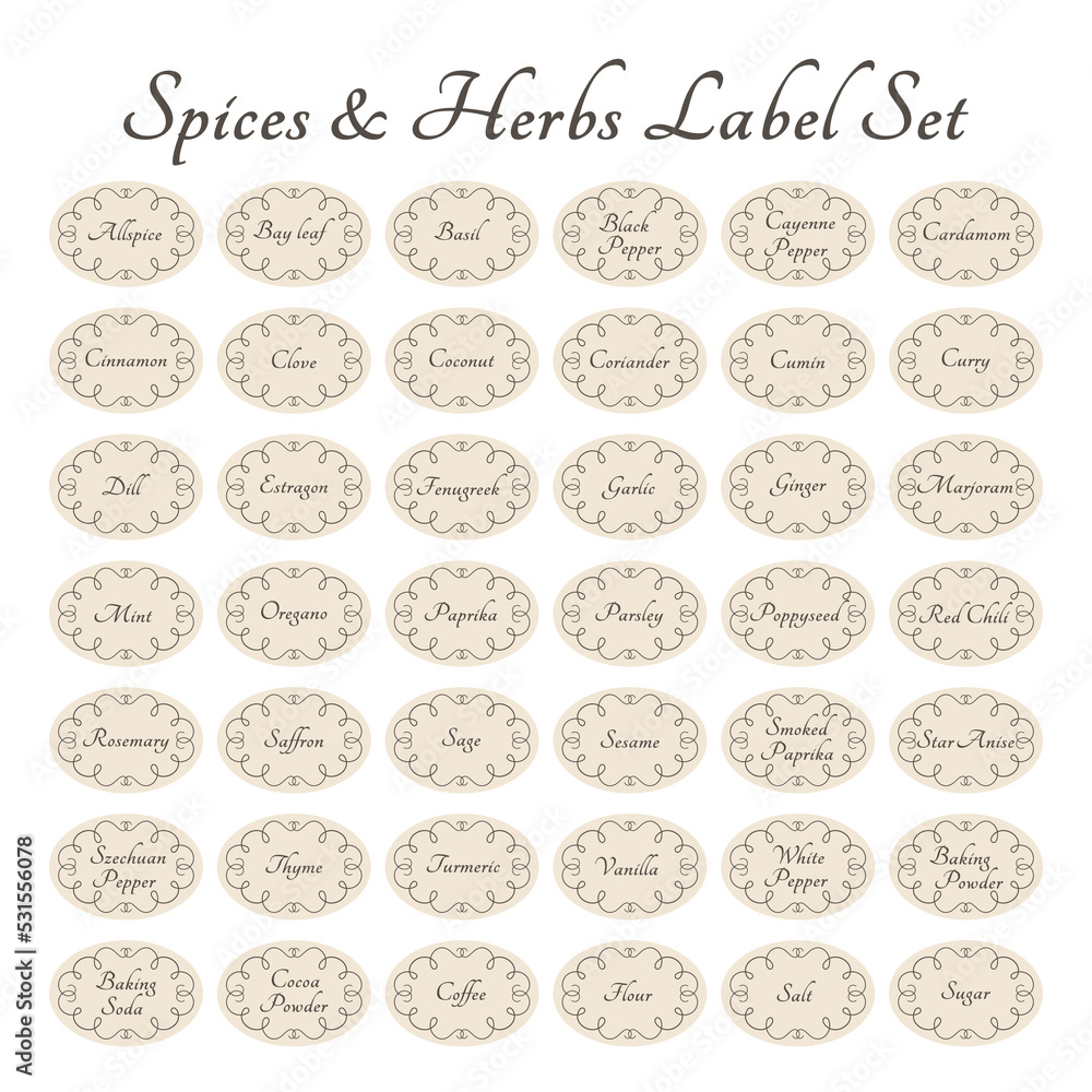 Spices and herbs vector label set for kitchen jar. Spice ellipse ...