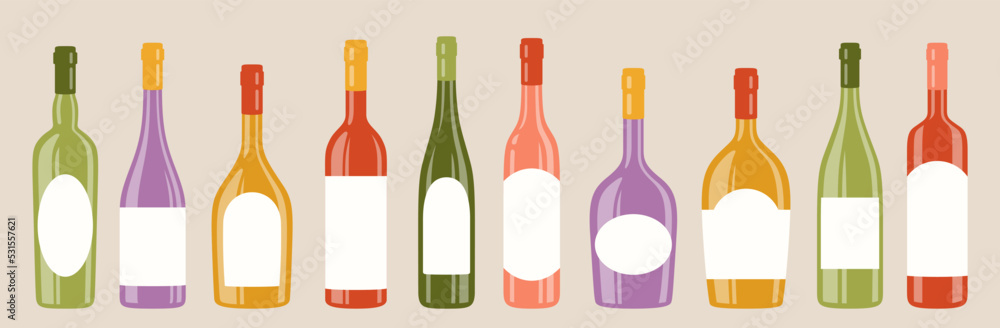 Alcohol beverages bottle different shapes and empty label set. Various ...