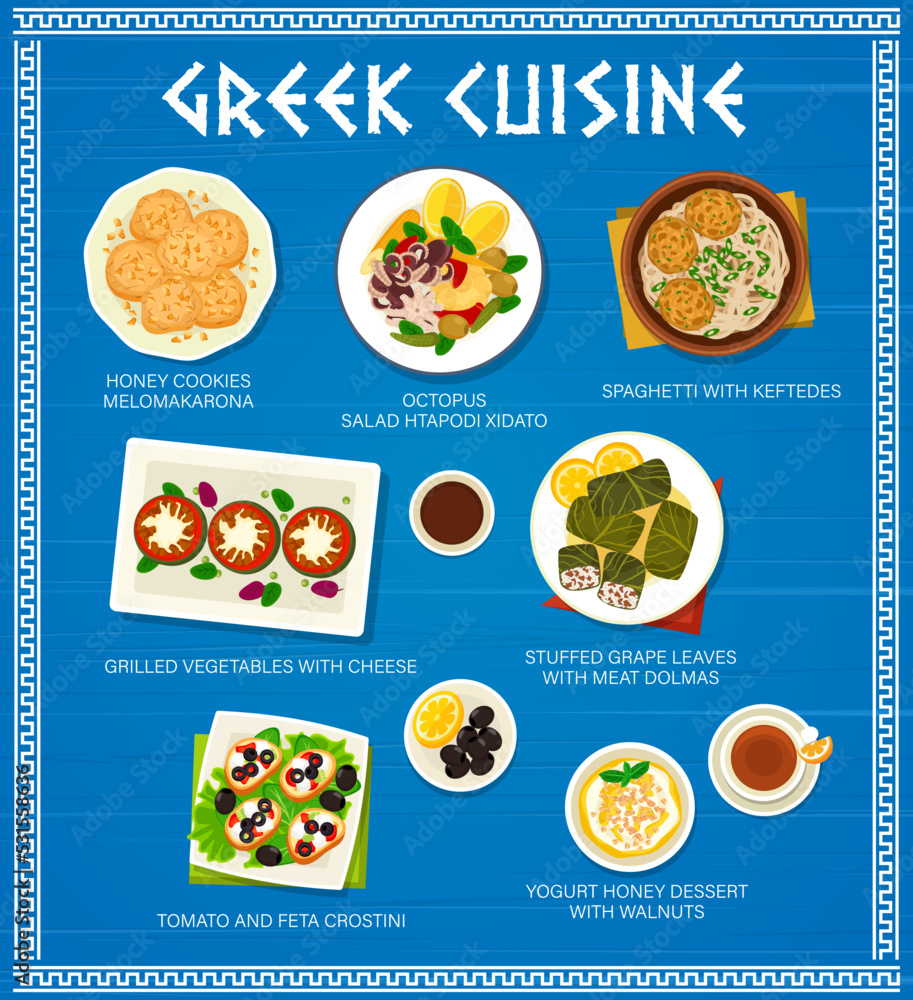 Greek cuisine vector menu. Honey cookies melomakarona, spaghetti with ...