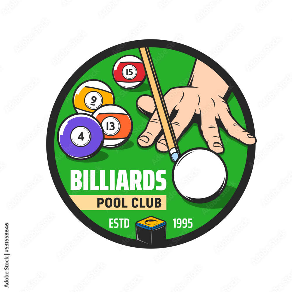 Pool club icon. Billiard game tournament vintage emblem, cue sport ...