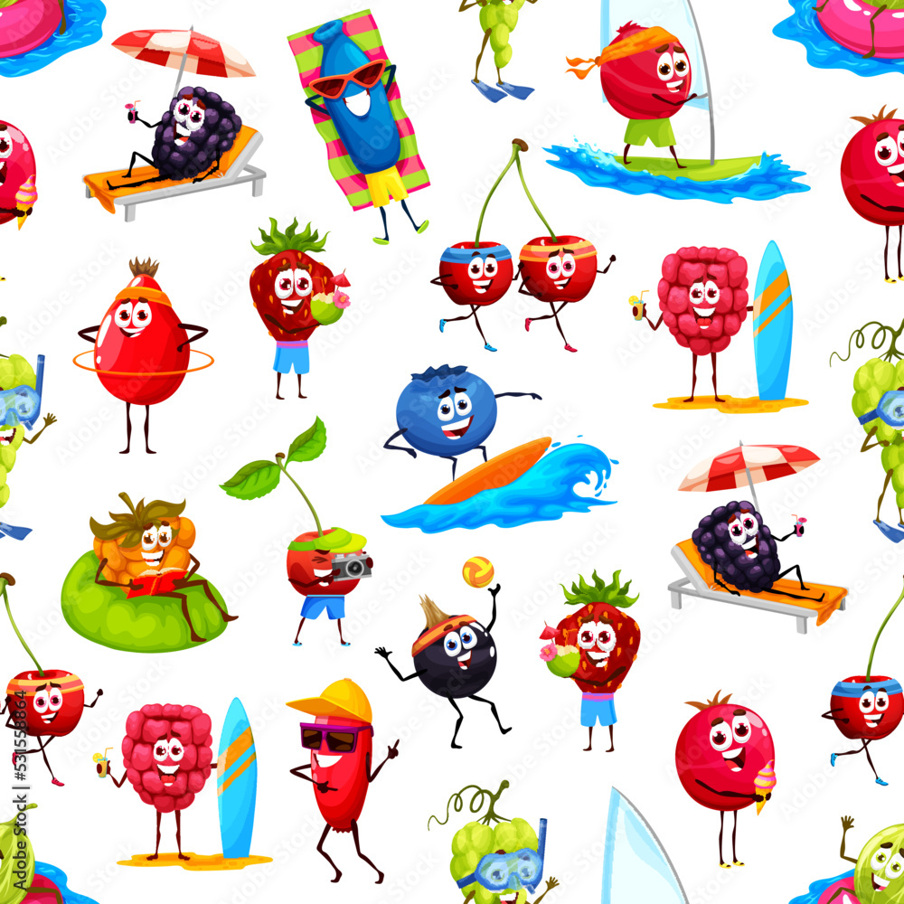 Cartoon berries on summer vacation. Funny characters seamless pattern ...