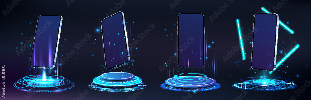 Futuristic holograms and podiums with 3D mobile phones. Mockups ...