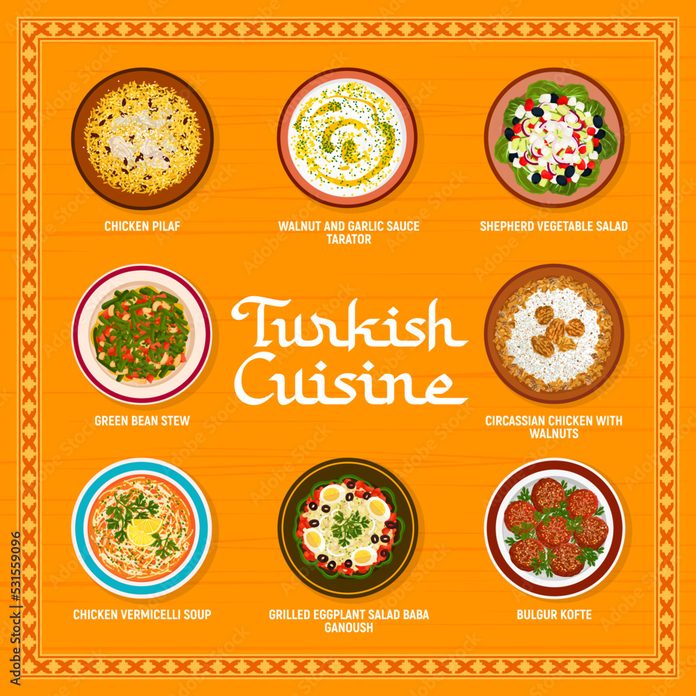 Turkish cuisine restaurant food menu. Chicken pilaf, walnut and garlic ...
