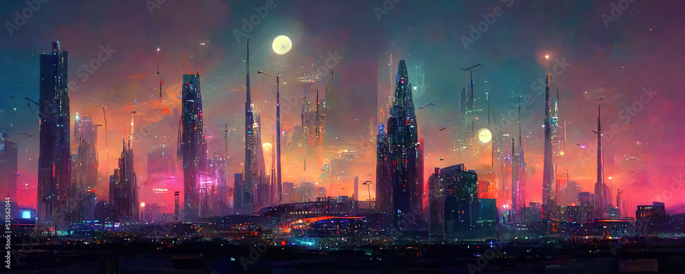 Nighttime in cyberpunk city of the futuristic fantasy world features ...