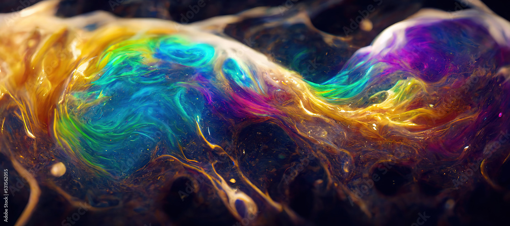 Spectacular abstract image of rainbow, iridescent liquid ink churning ...
