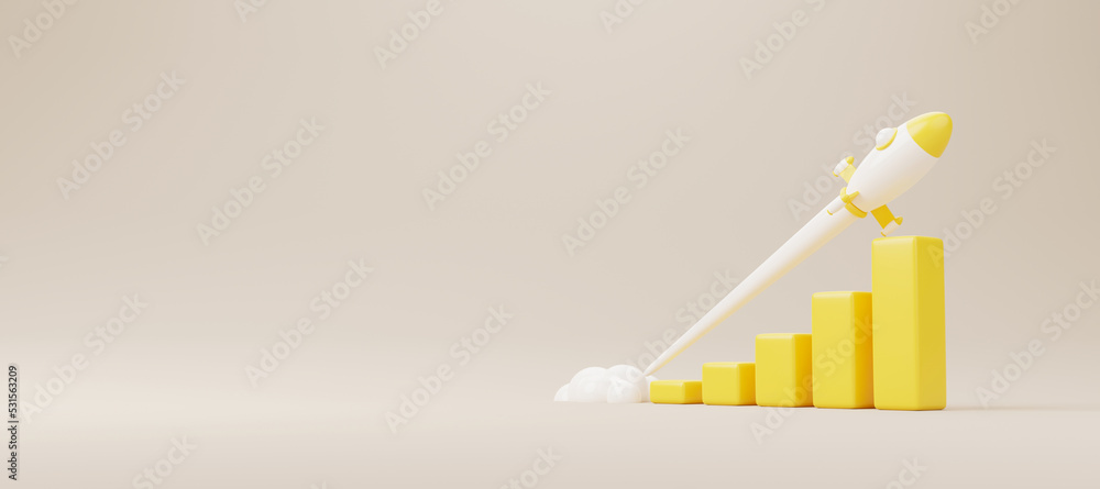 Growthing graph bar with rocket rising moving up. Start up business ...