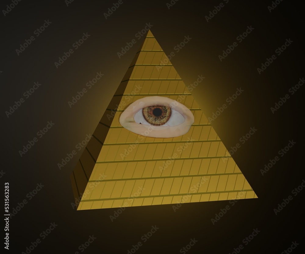 All seeing eye, illuminati symbol in triangle with light ray. Gold ...