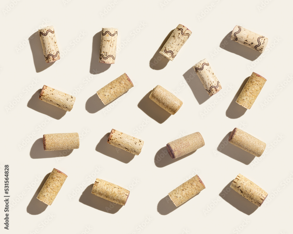 Wine corks as creative square pattern on beige background with hard ...