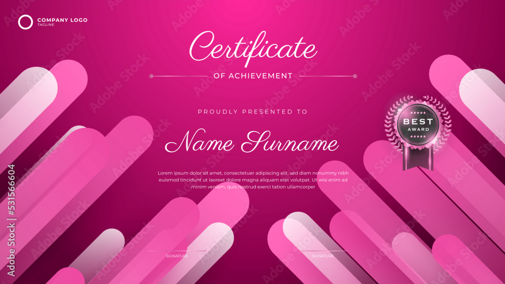 Pink Certificate of achievement template set Background with gold badge ...