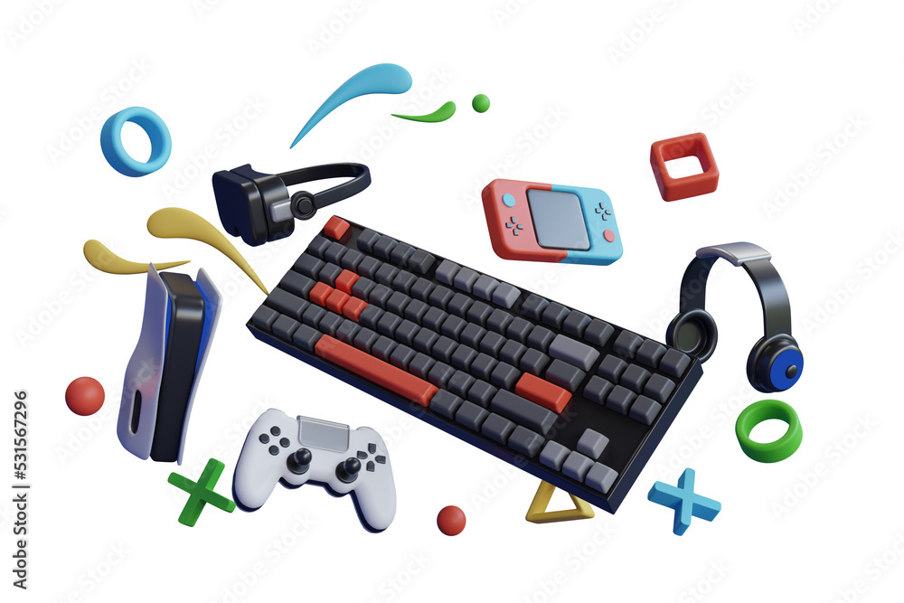 Gaming Keyboard 3D Model Rendering. Flying gamer gears like mouse ...