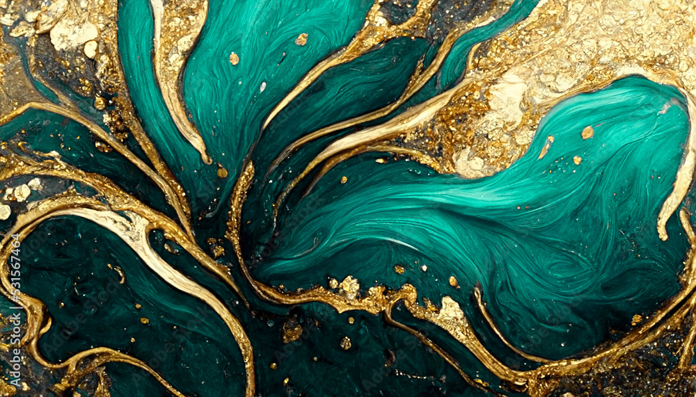 Spectacular realistic abstract backdrop of a whirlpool of teal and gold ...