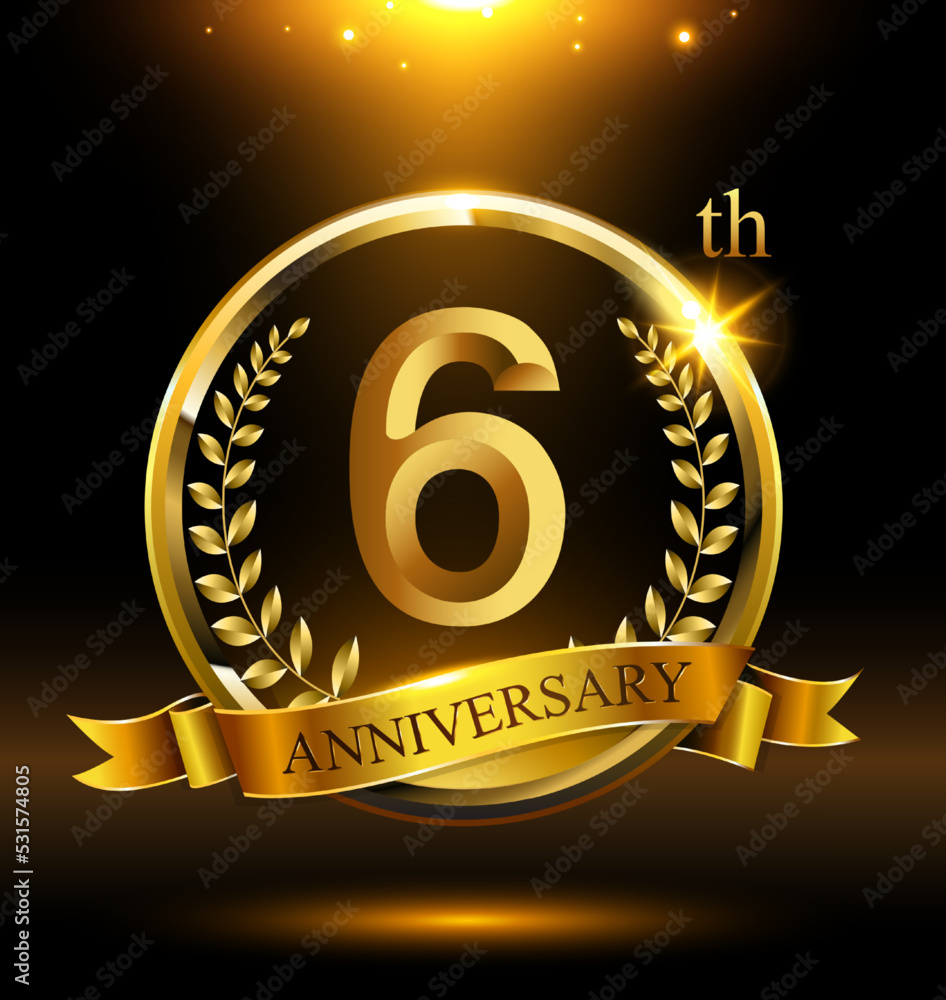 6th golden anniversary logo with ring and ribbon, laurel wreath Stock ...