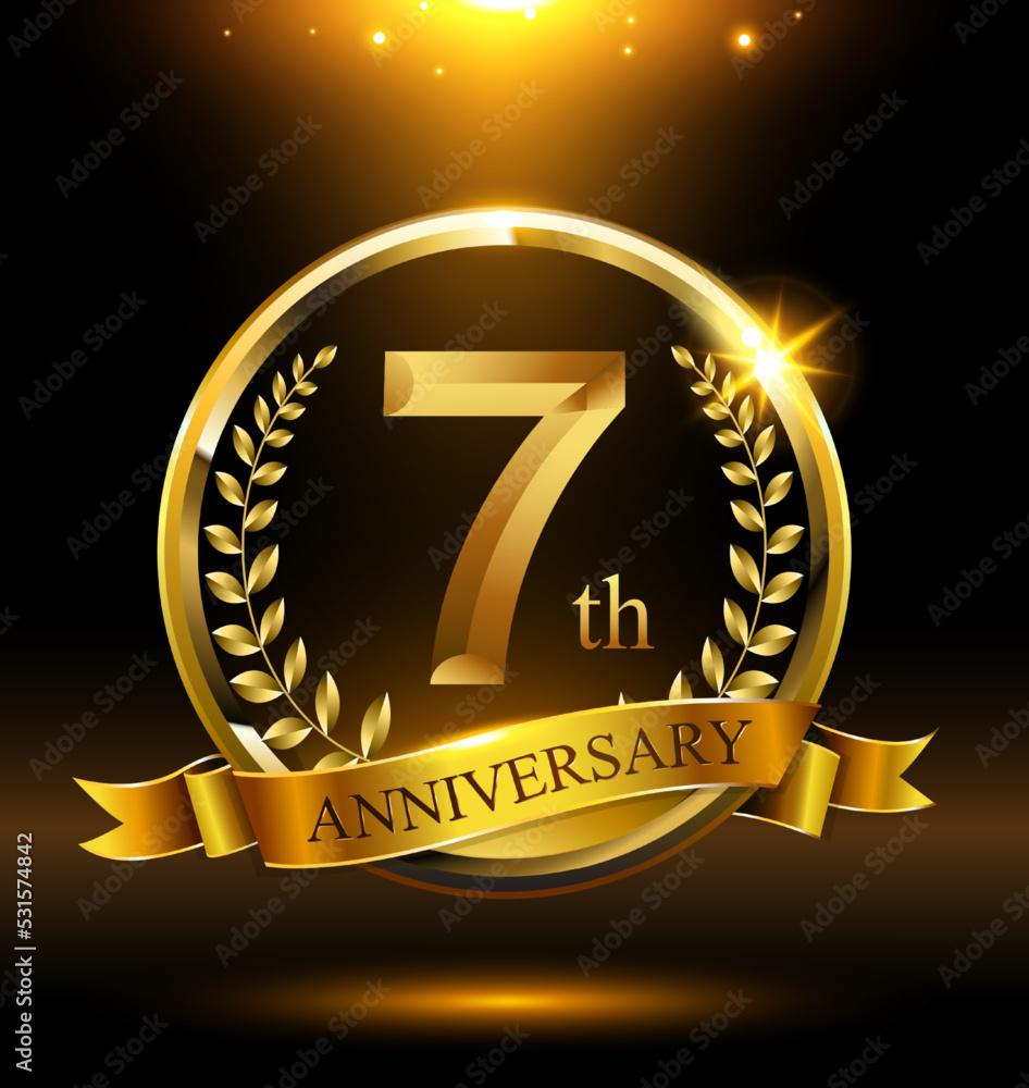 7th golden anniversary logo with ring and ribbon, laurel wreath Stock ...