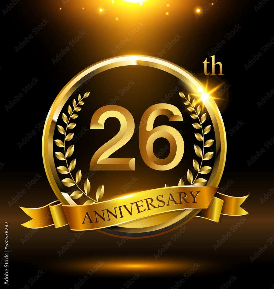 26th golden anniversary logo with ring and ribbon, laurel wreath Stock ...