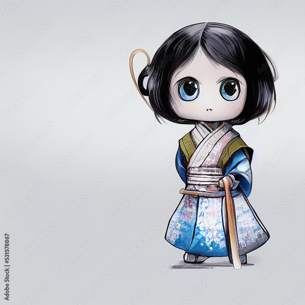 Cartoon girl in traditional japanese clothing with copy space, digital ...