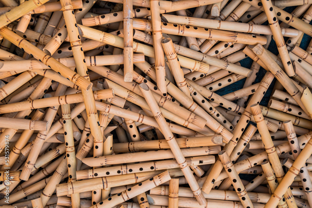 Pile of half-finished bamboo flutes, handmade bamboo flute production ...