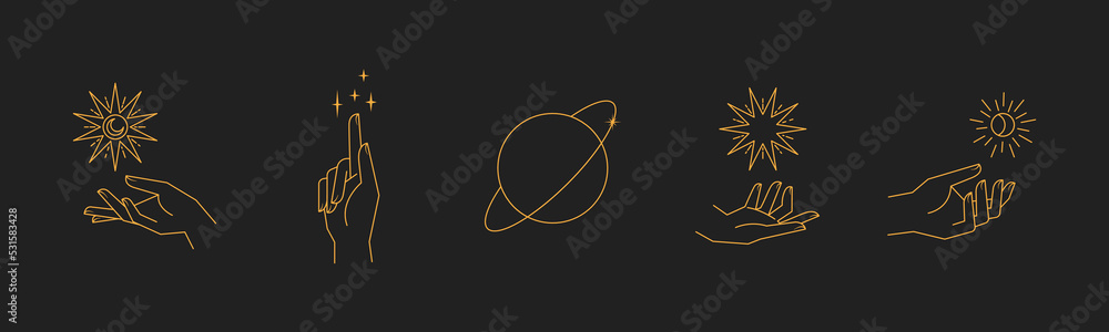 Aesthetic hands and cosmic and celestial elements. Universal cosmos ...
