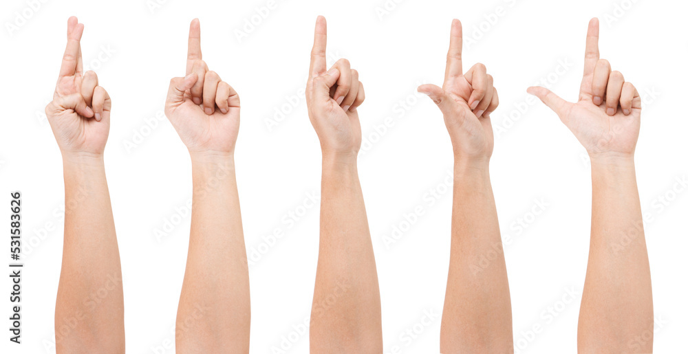 Male asian hand gestures isolated over the white background. CROSS ...