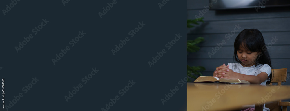 Banner of Prayer and bible concept. Asian kid praying, hope for peace ...