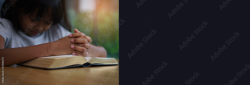 Banner of Prayer and bible concept. Asian kid praying, hope for peace ...