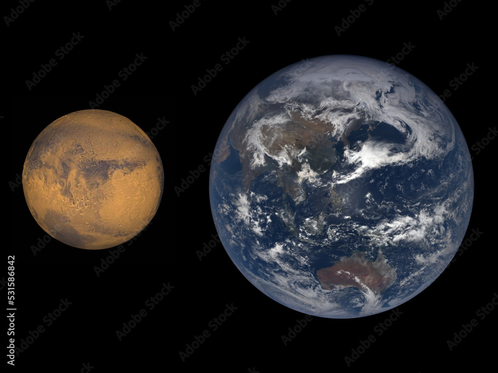 Accurate size comparison of Earth and Mars. Planet of Solar System ...