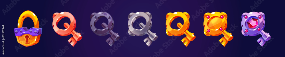 Game keys, lock, loot box, evolution of gamer assets. Copper, iron ...