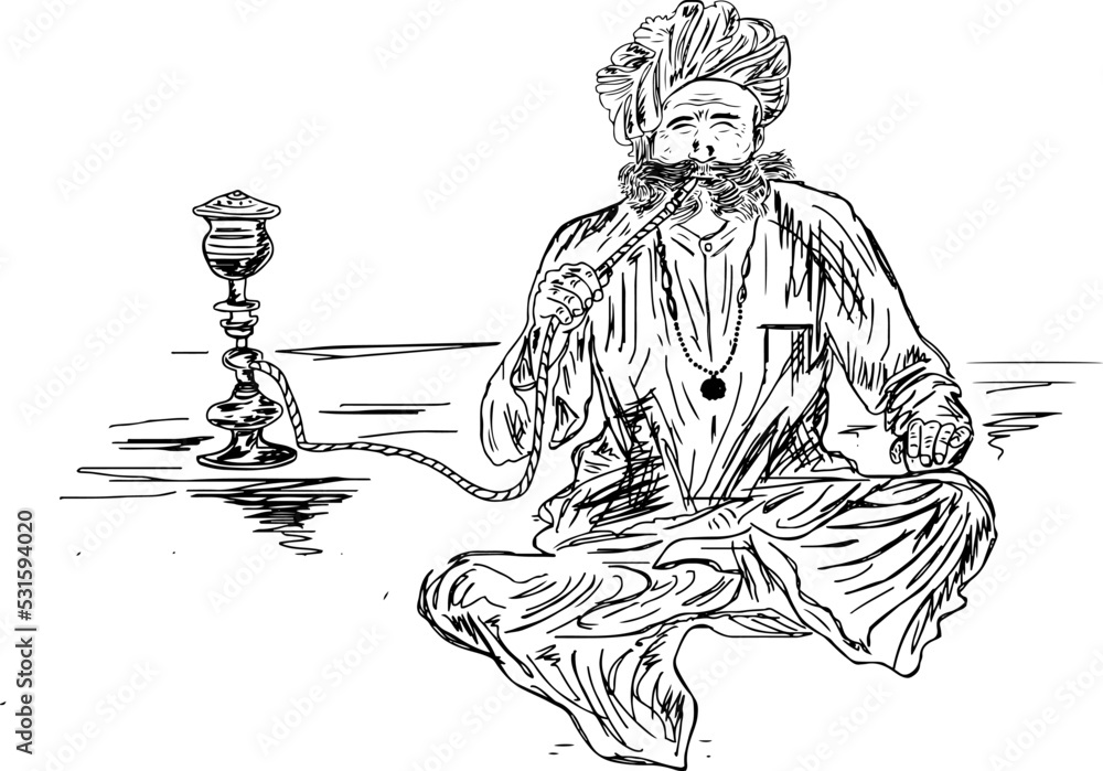 Cartoon doodle illustration of rajasthani man holding hookah, old man ...