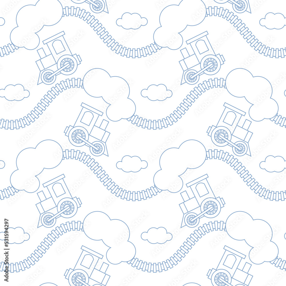Vector seamless pattern with cartoon train and railroad in clouds. Kids ...