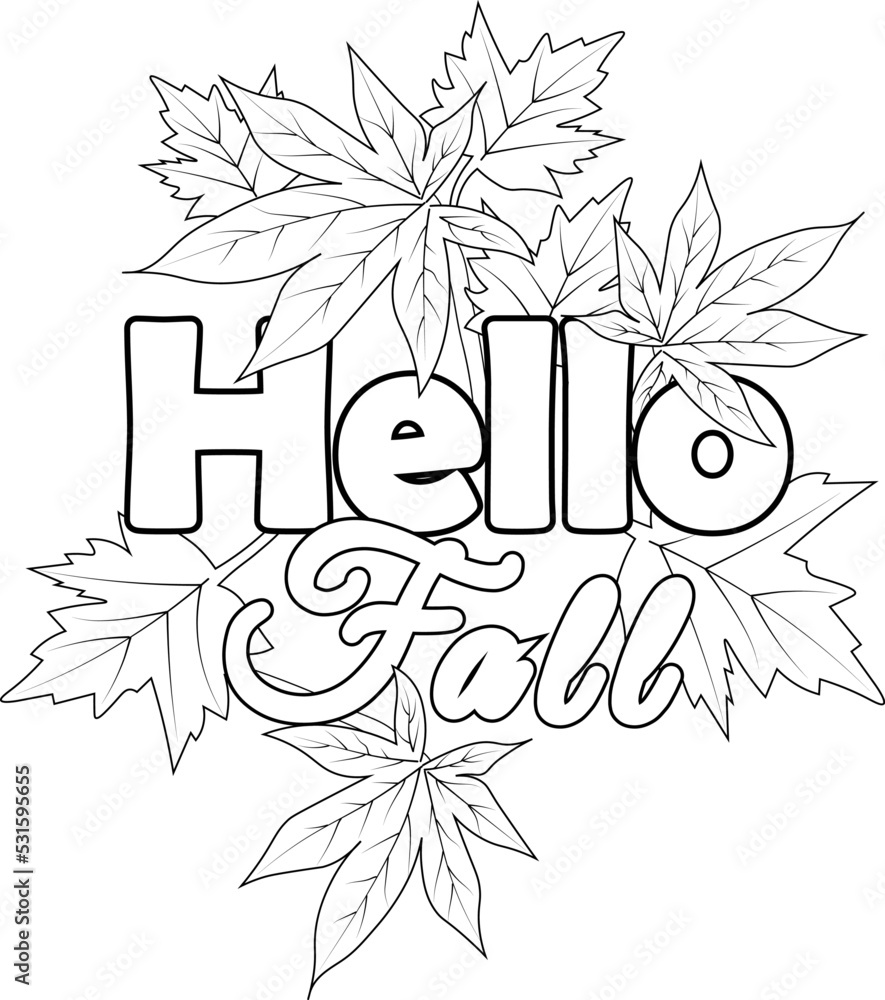 Hello fall coloring book or page hand drawn pencil art set of vector ...