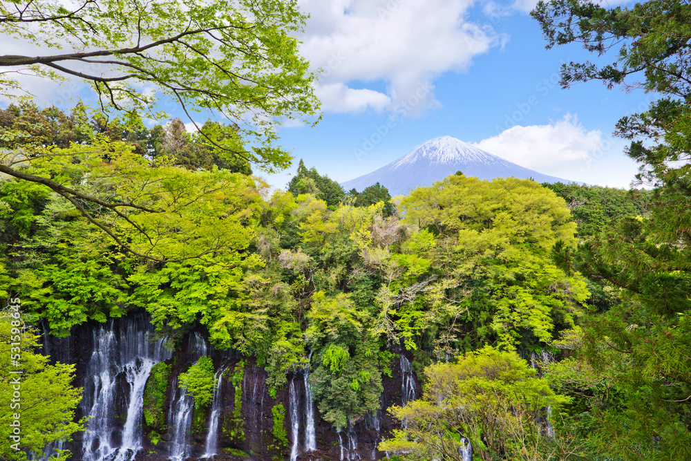 Shiraito waterfall and Fuji Mountain in Shizuoka, Chubu, Japan. Stock ...
