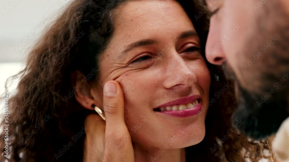 Love, happy and couple hug with a smile together with happiness and ...