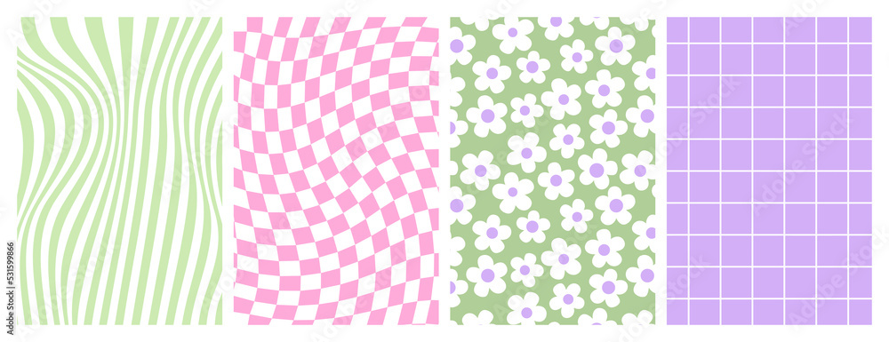 Y2k backgrounds. Waves, swirl, twirl pattern. Vector posters with daisy ...