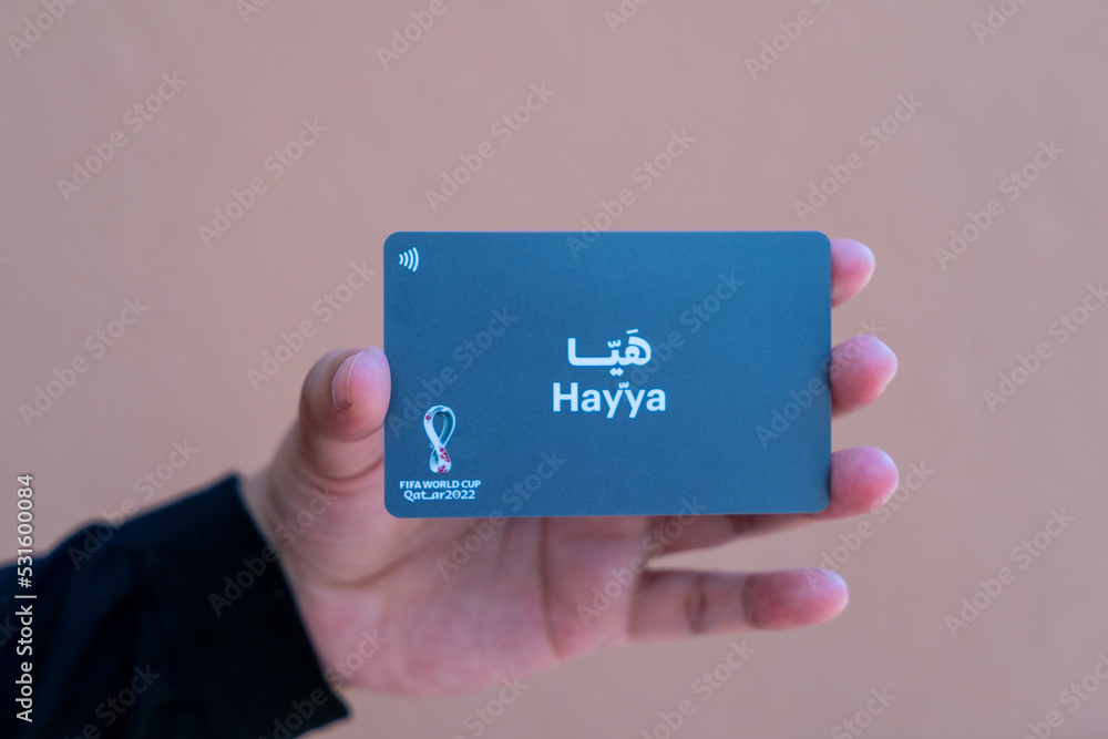 Doha, Qatar - September 18, 2022: Girl hand holding Hayya Card which is ...