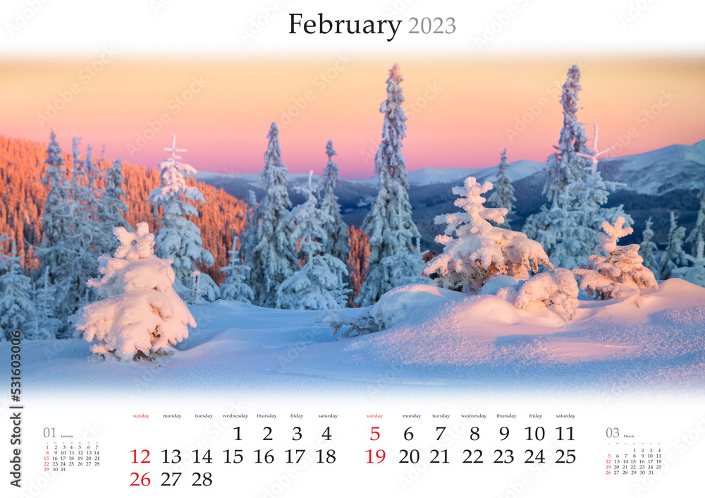 Horizontal wall calendar for 2023 year. February, B3 size. Set of ...