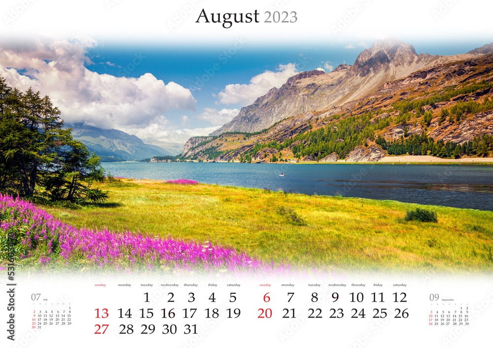 Wall calendar for 2023 year. August, B3 size. Set of calendars with ...