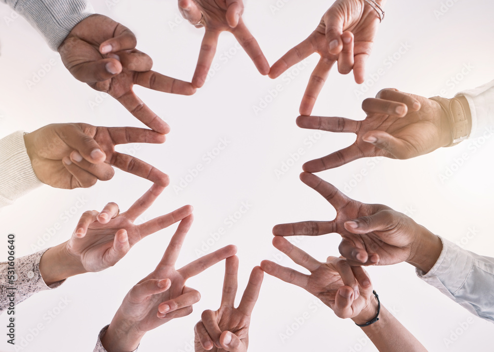Peace sign, support and unity with business people in teamwork ...