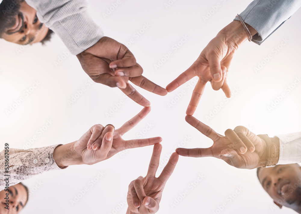 Peace hands, collaboration group and motivation for support, solidarity ...