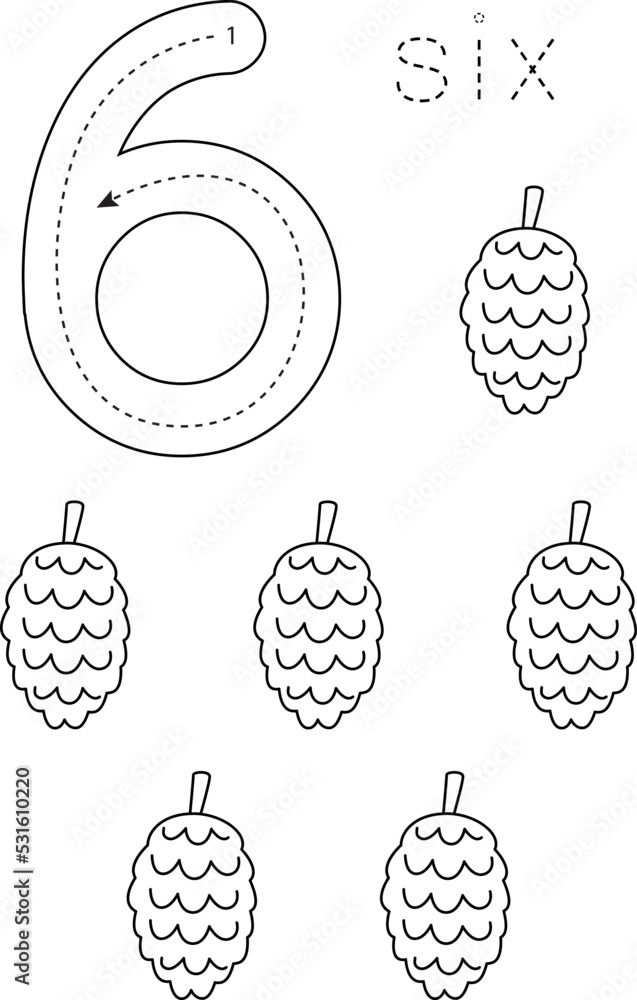 Flashcard number 6. Preschool worksheet. Black and white pine cones ...