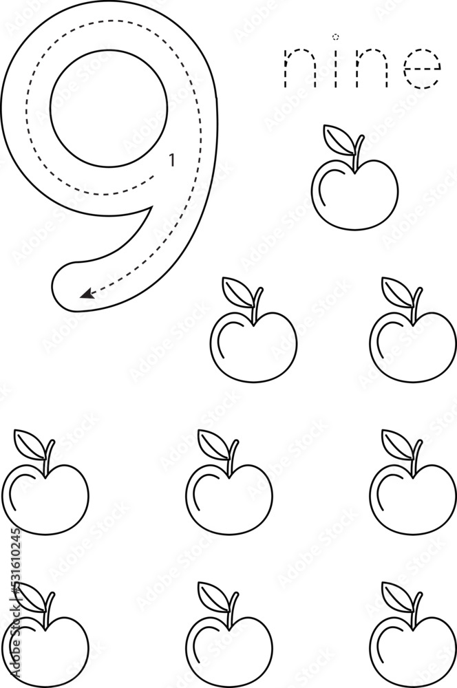 Flashcard number 9. Preschool worksheet. Black and white apples. Stock ...