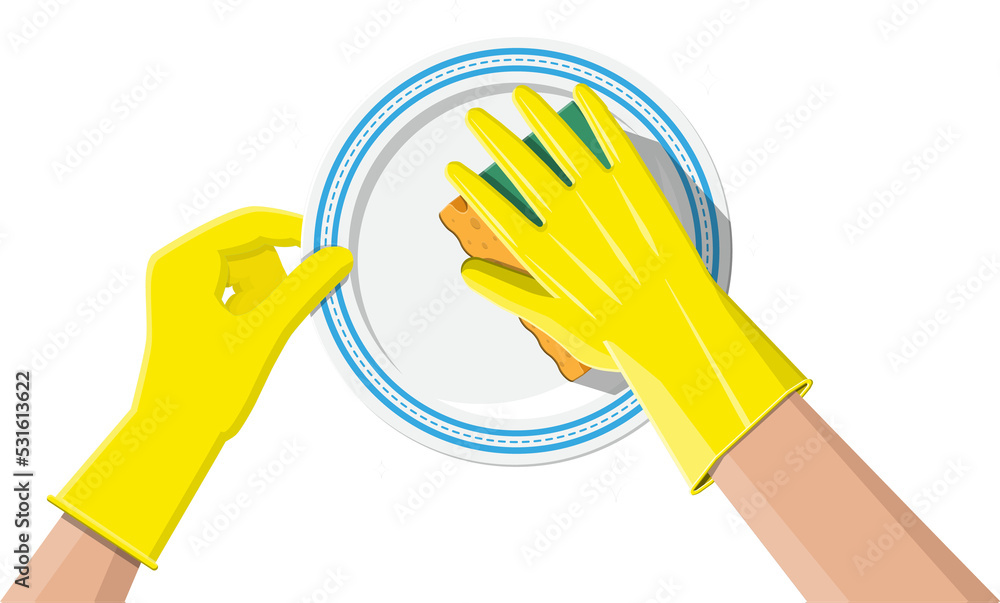 Hand in gloves with sponge wash plate Stock Illustration | Adobe Stock
