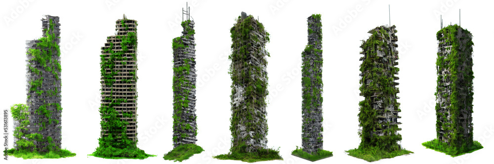 set of ruined overgrown skyscrapers, tall post-apocalyptic buildings ...