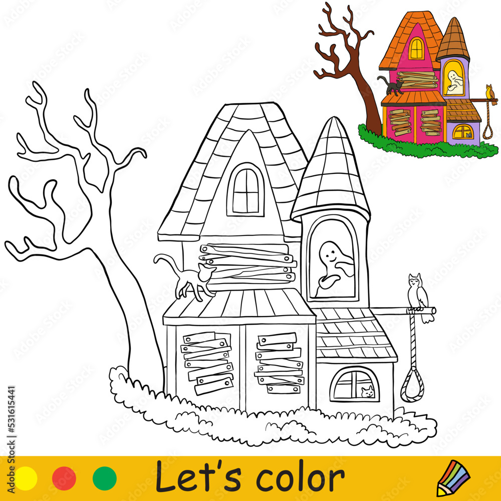 Halloween kids coloring with template scary haunted house Stock Vector ...