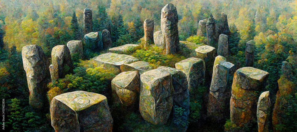 Megalithic stone structures in the forest. Stone pillars of an ancient ...