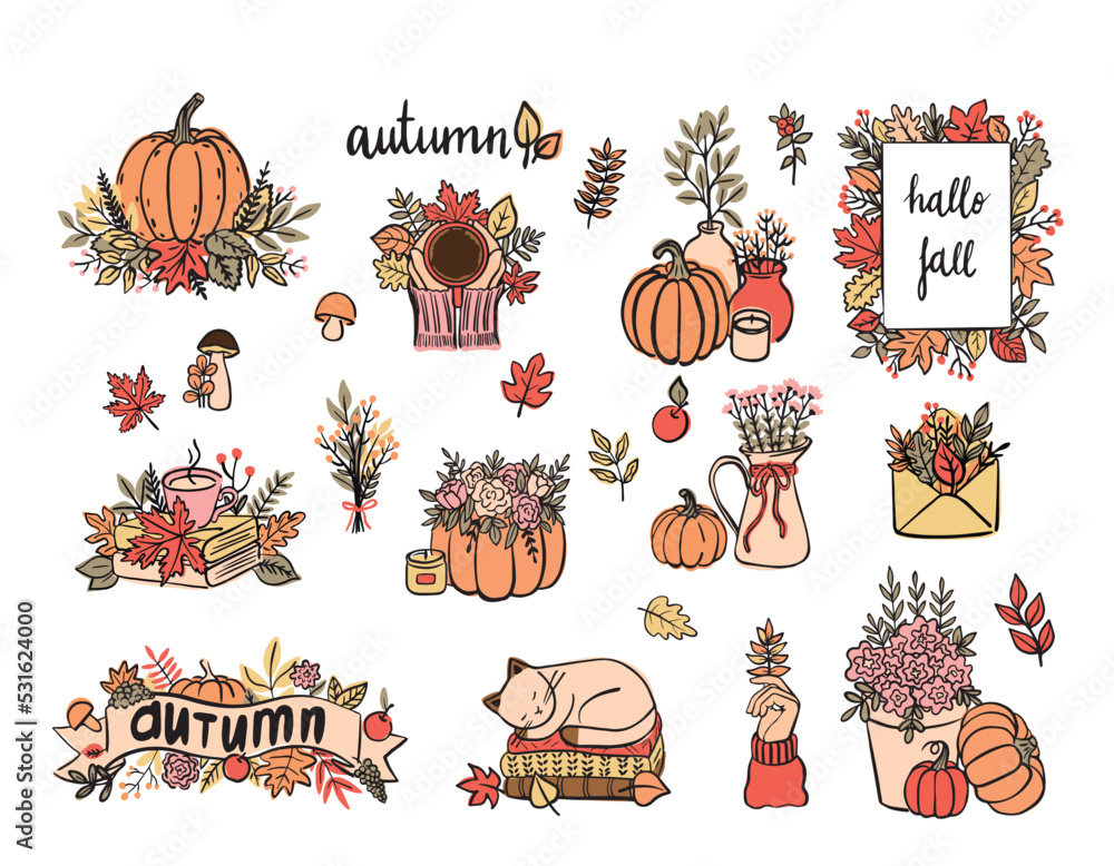 Autumn collection with seasonal plants still life. Doodle icons hand ...