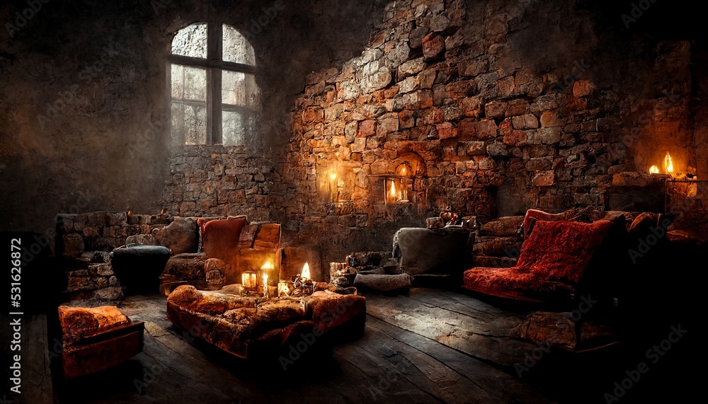 Old fantasy living room interior in castle in gothic style Stock ...