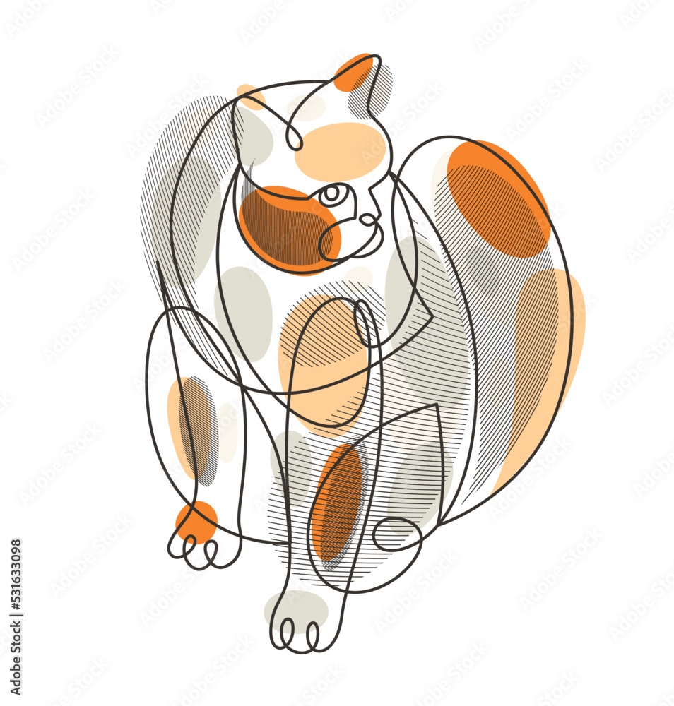 Nice cute cat linear vector illustration, line art drawing of pussycat ...