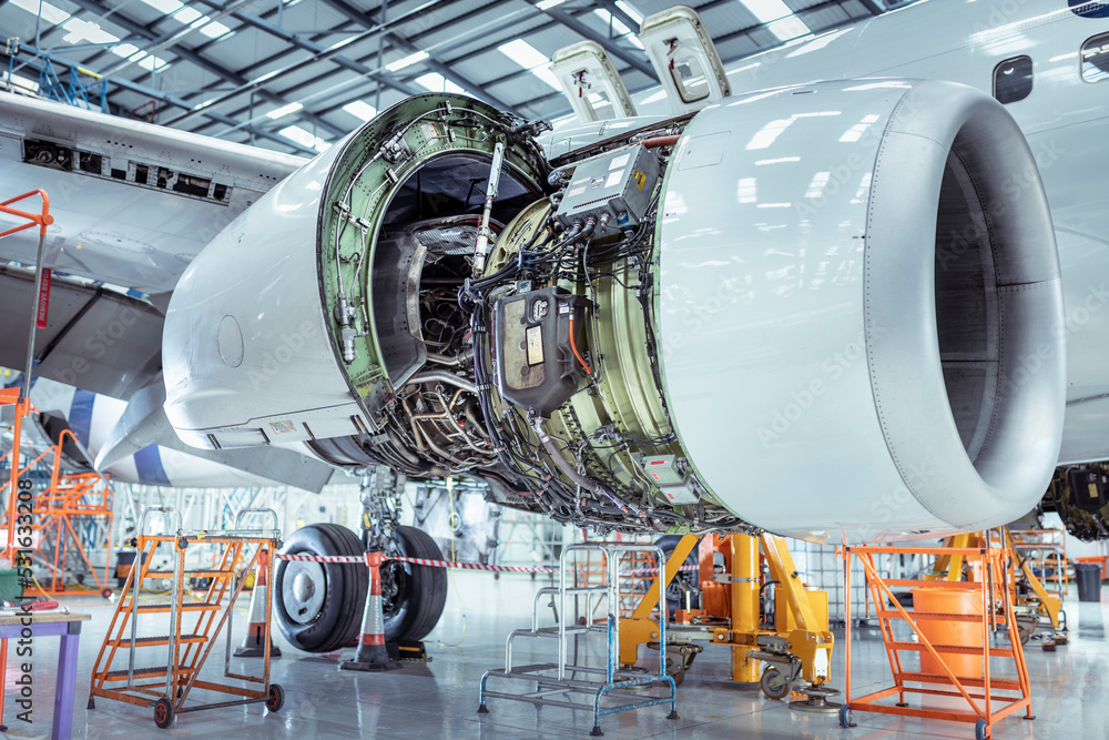 Large aircraft jet engine in aircraft maintenance hangar Stock Photo ...