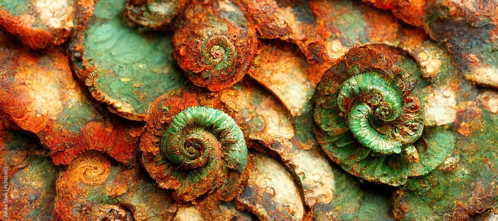 Elaborate and unique calcified ammonite sea shell spirals embedded into ...